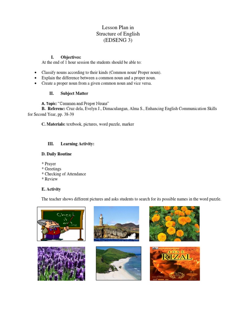 Lesson Plan in Structure of English (Edseng 3) | PDF