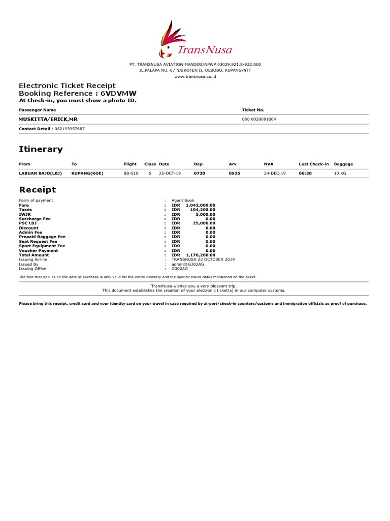 Flight Itinerary and Receipt for Travel from Labuan Bajo to Kupang on ...