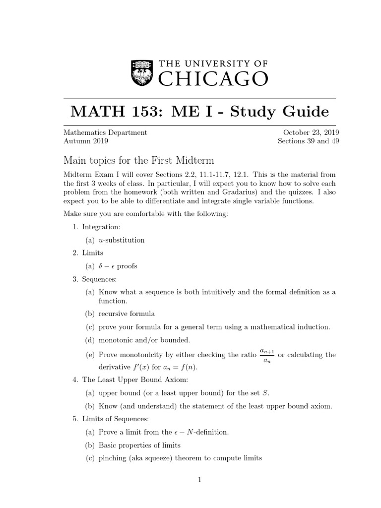MATH 153 ME 1 Study Guide | PDF | Mathematical Proof | Limit (Mathematics)