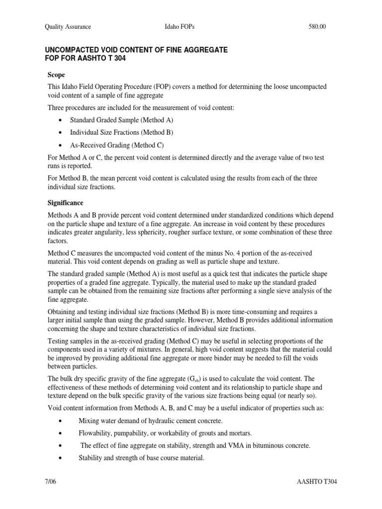 Uncompacted Void Content of Fine Aggregate Fop For Aashto T 304 Scope ...