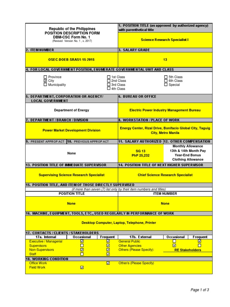 Republic of The Philippines Position Description Form DBM-CSC Form No ...