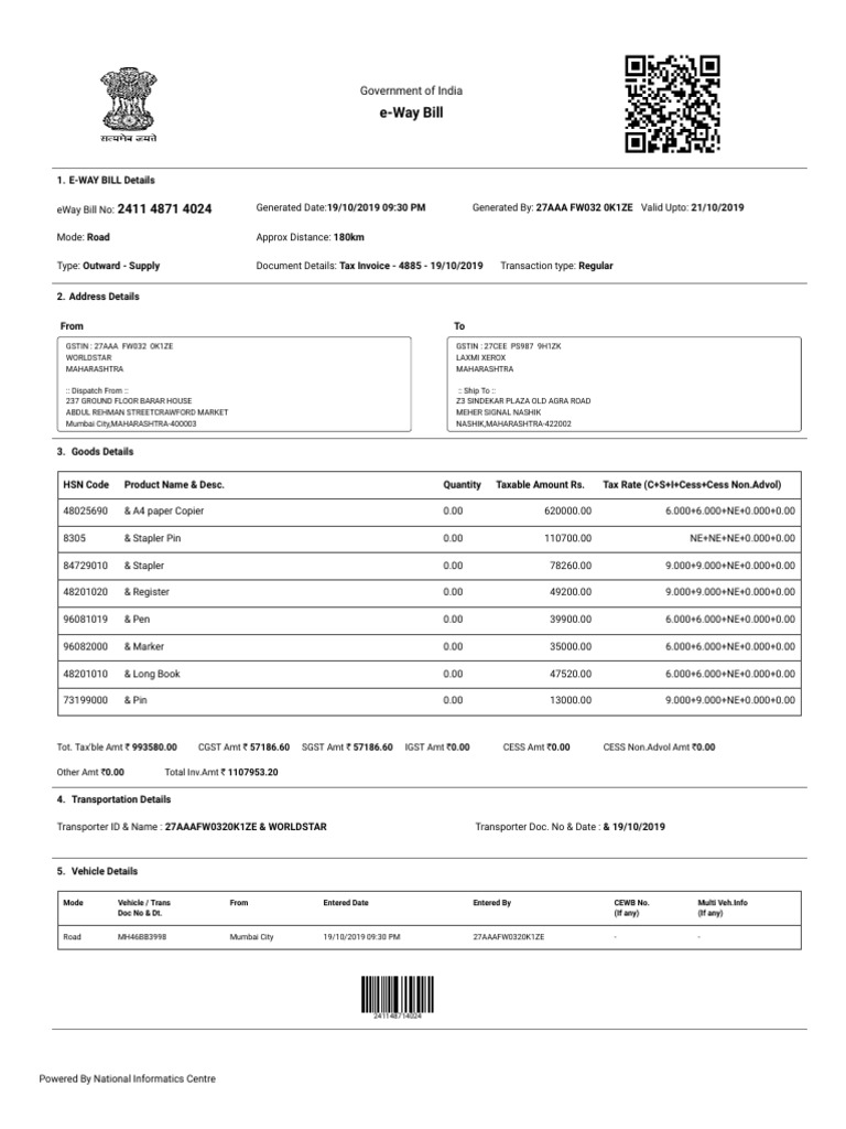 e-Way Bill: Government of India | Invoice | Taxation
