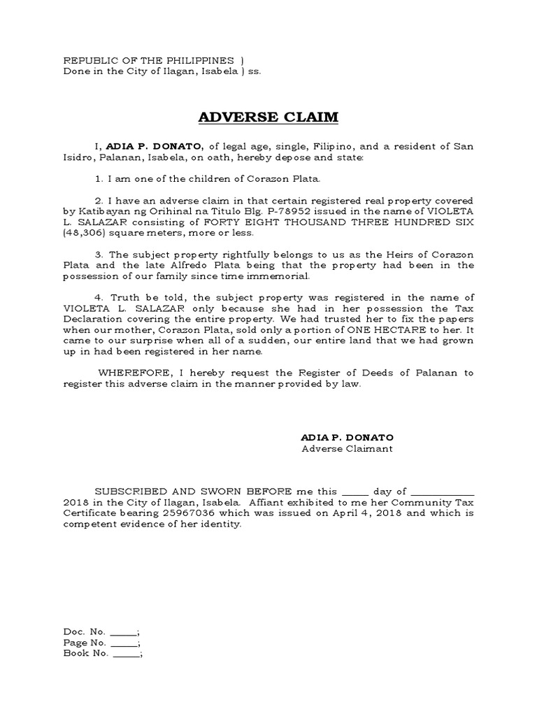 Adverse Claim: Adia P. Donato | PDF