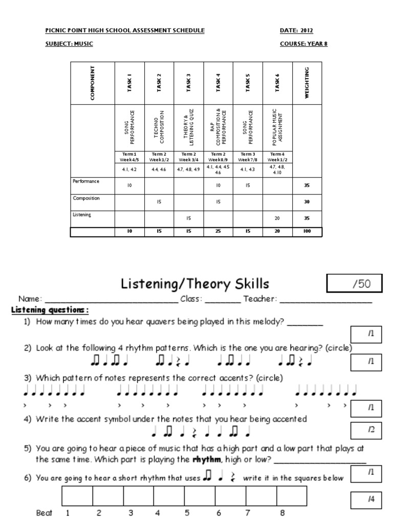 Year 8 Music Assessment Schedule | PDF | Song Structure | Performing Arts