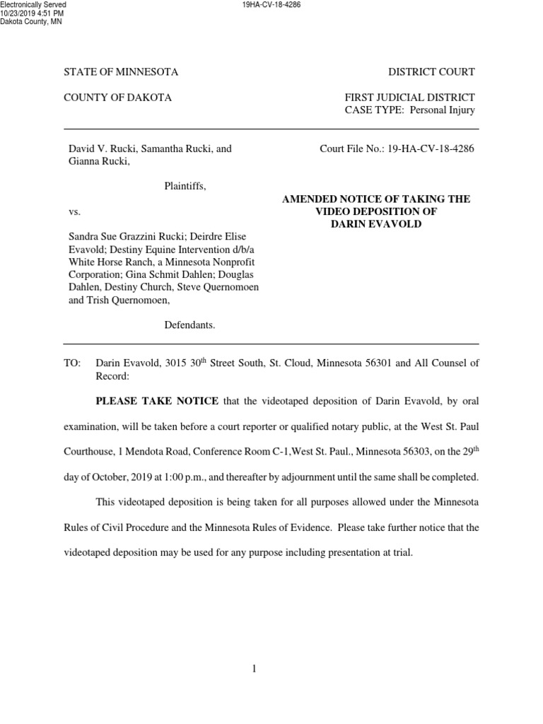 Amended Notice of Taking The Video Deposition of Darin Evavold | PDF ...