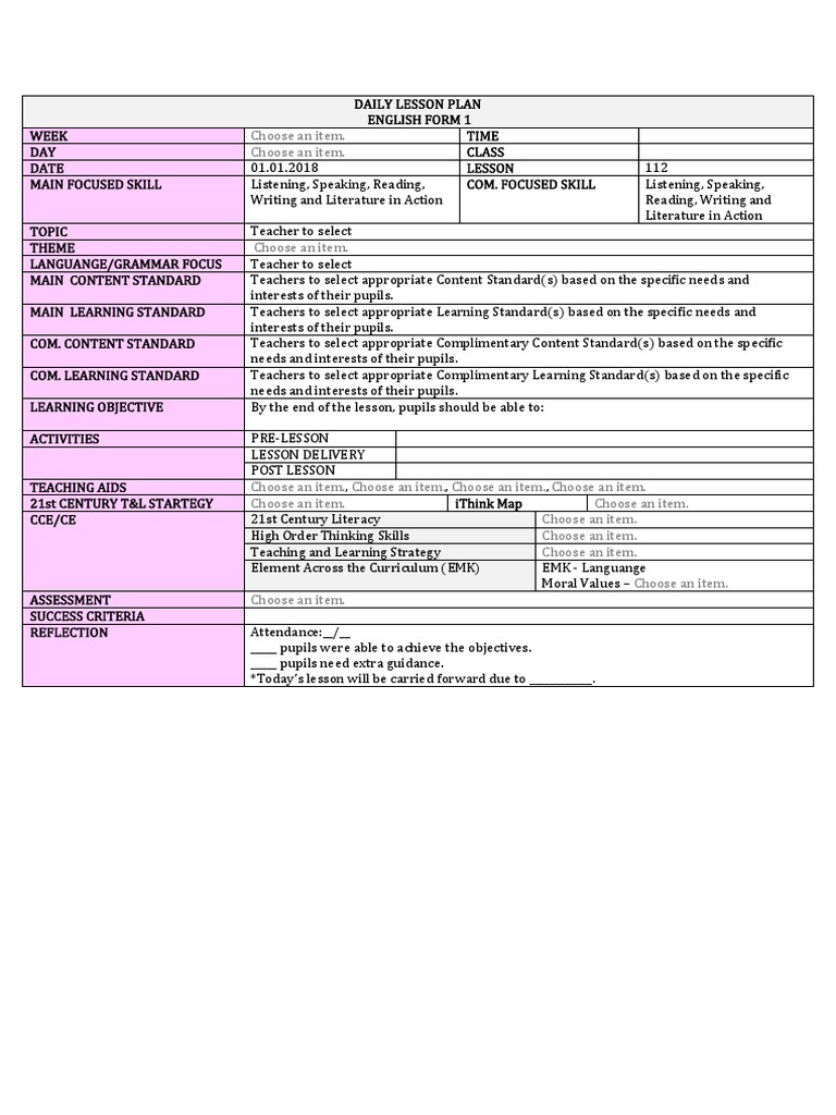 English Form 1 Lesson Plan Template | PDF | Lesson Plan | Teachers