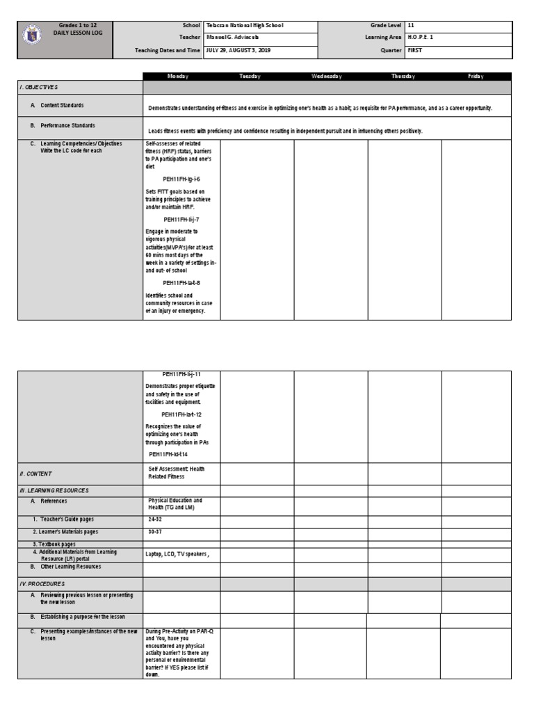Monday Tuesday Wednesday Thursday Friday: I. Objectives | PDF ...