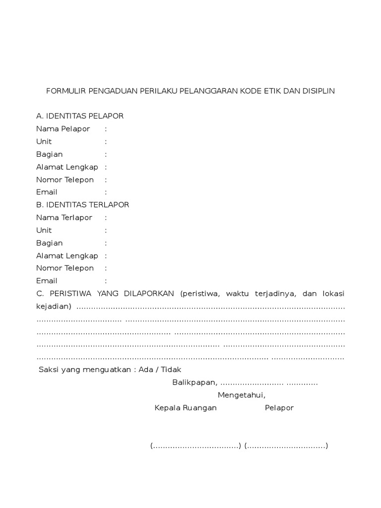 Contoh Form Pengaduan Kode Etik | PDF