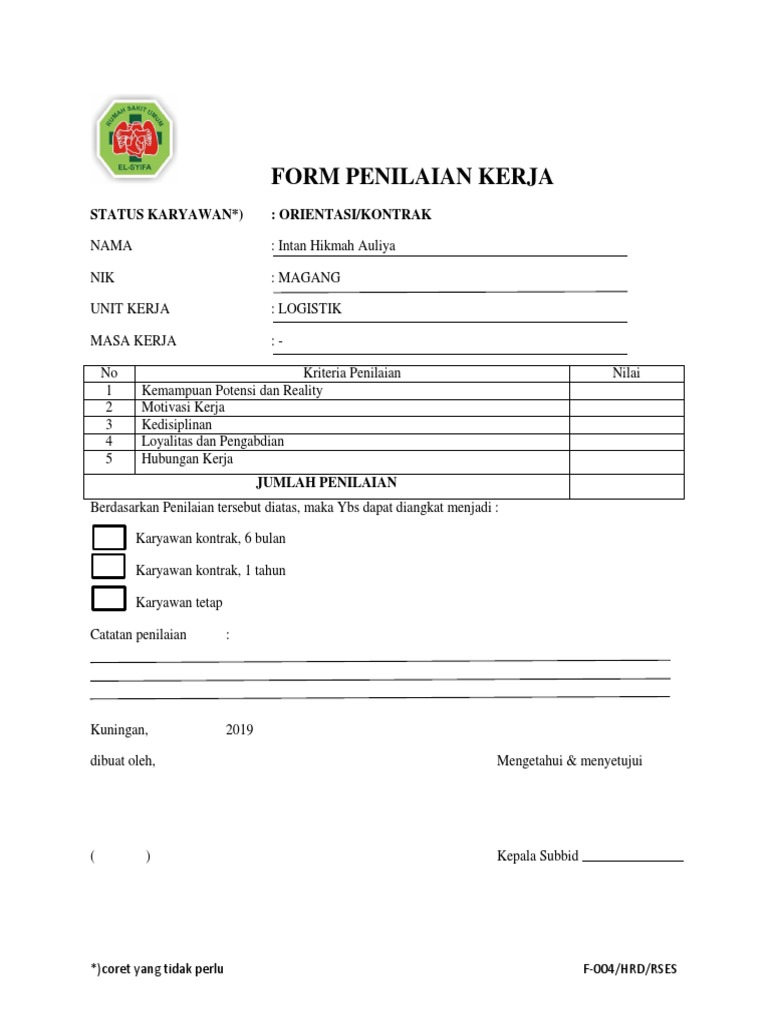 Form Penilaian Kerja Karyawan Magang | PDF