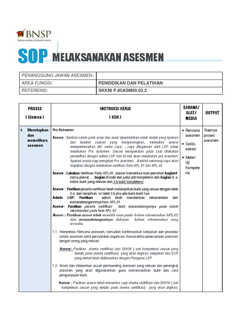 9 Sop Melaksanakan Asesmen | PDF