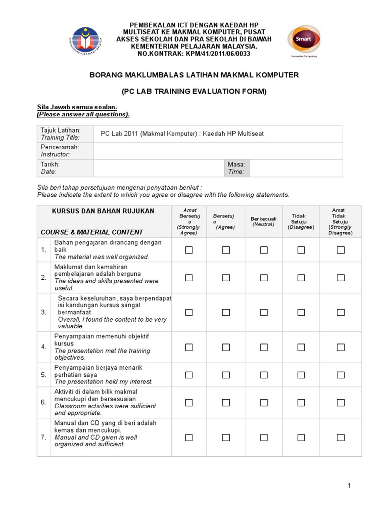 Borang Maklumbalas Latihan Makmal Komputer (PC Lab Training Evaluation Form) | PDF
