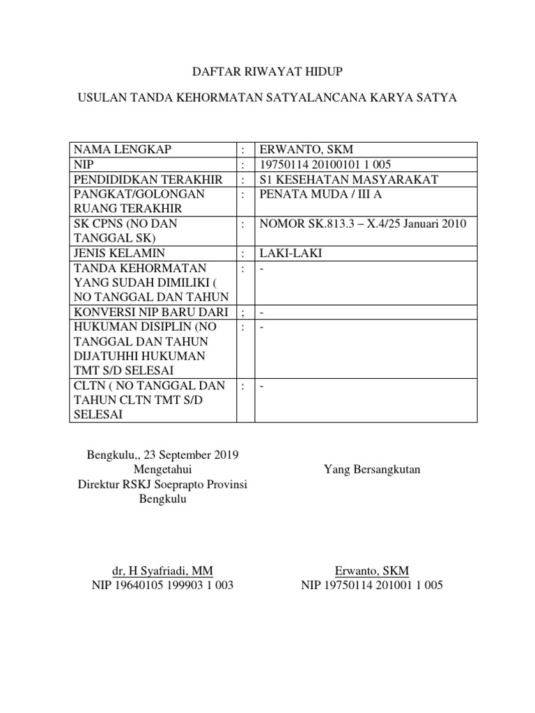 Daftar Riwayat Hidup Satya Lencana Karya | PDF