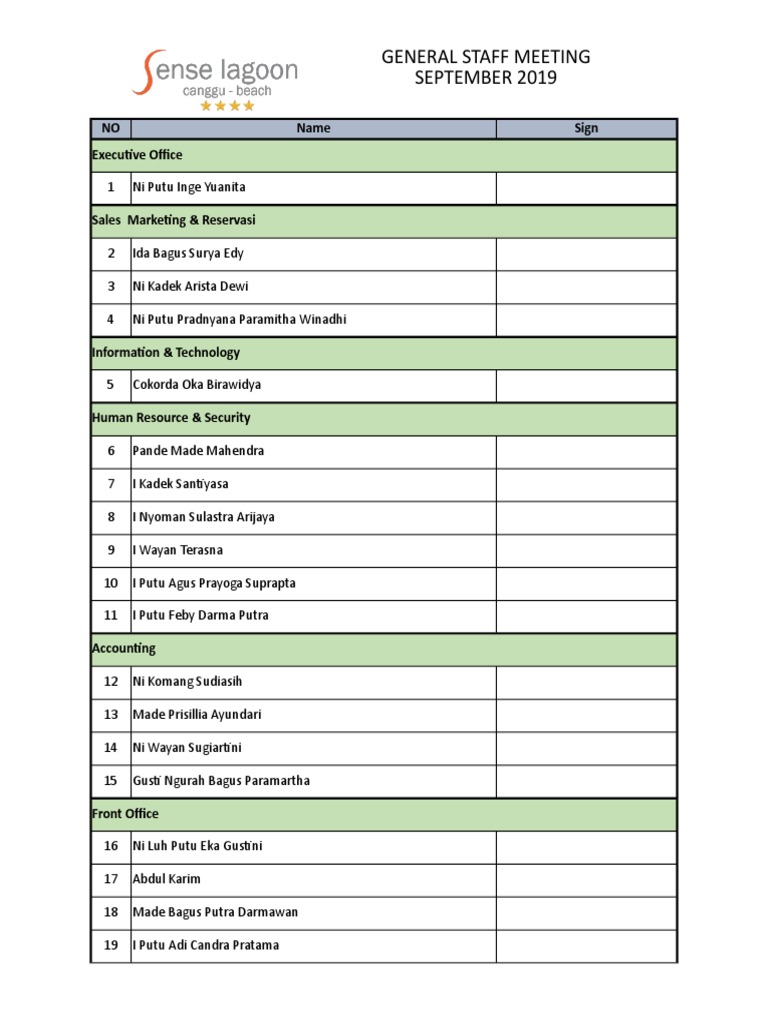 General Staff Meeting September 2019: NO Name Sign Executive Office | PDF