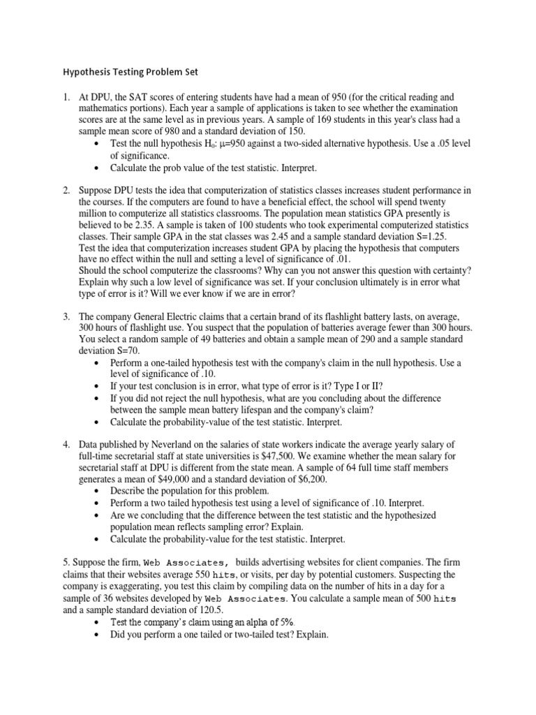 Hypothesis Testing Problem Set Pdf Statistical Hypothesis Testing 0576