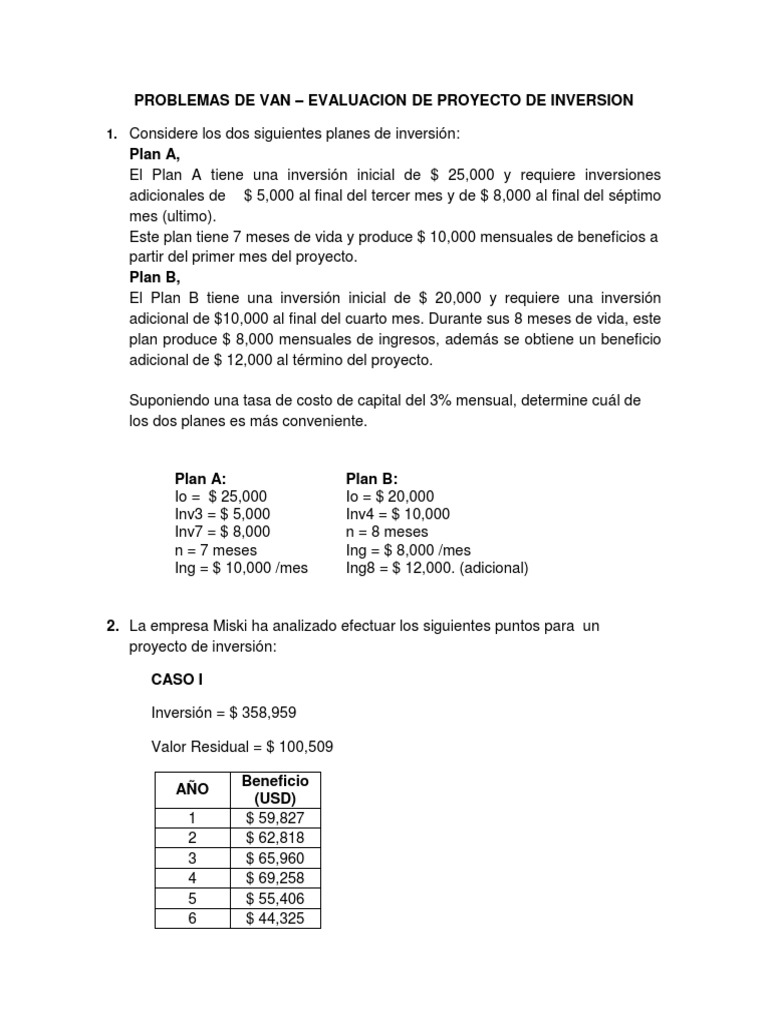 Problemas de Van Proyectos de Inversion | PDF | Economias | Economía ...