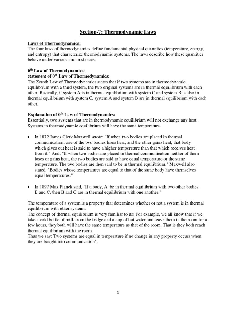 Section-7 Thermodynamic Laws | PDF | Temperature | Laws Of Thermodynamics