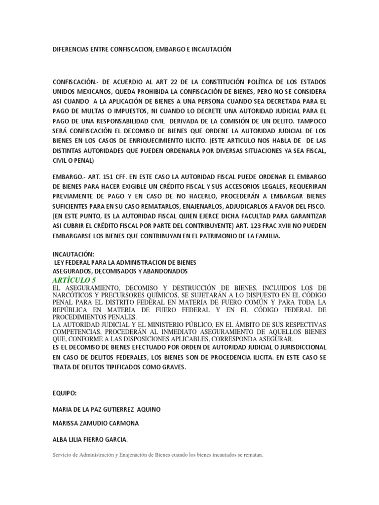 Diferencias Entre Confiscacion, Embargo e Incautacion | PDF