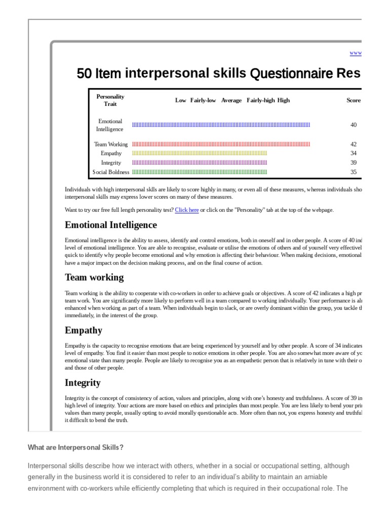 50 Item interpersonal skills Questionnaire Res: Emotional Intelligence ...