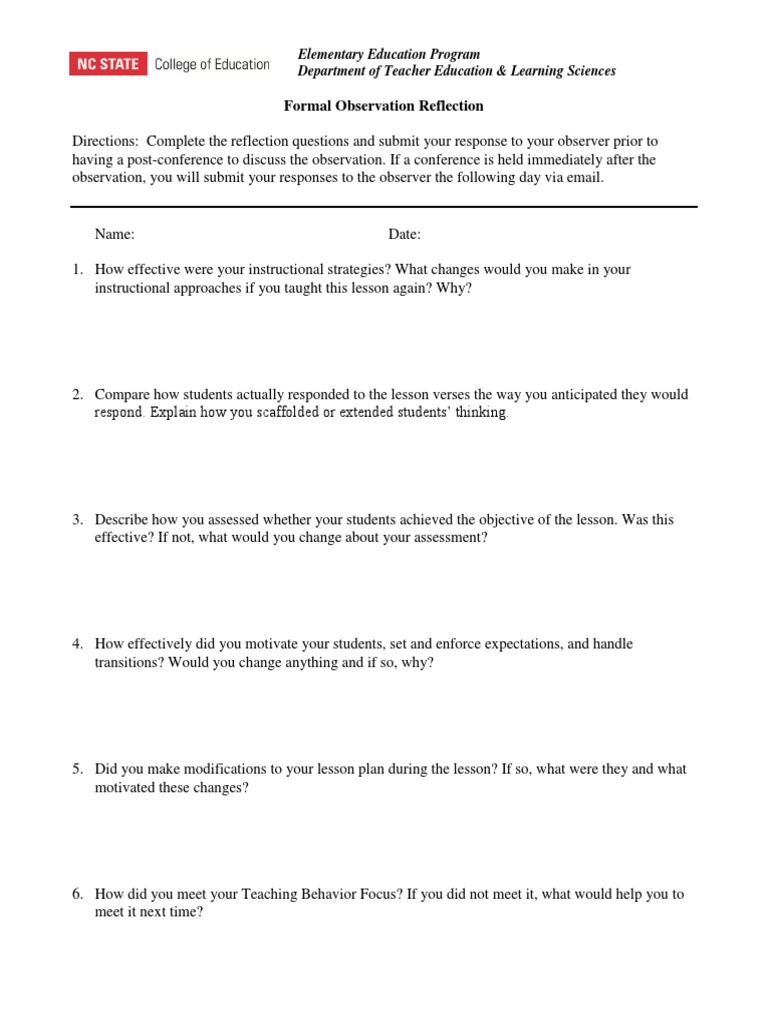 Formal Observation Reflection: Elementary Education Program Department ...