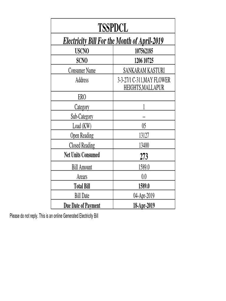 TSSPDCL: Electricity Bill For The Month of April-2019 | PDF