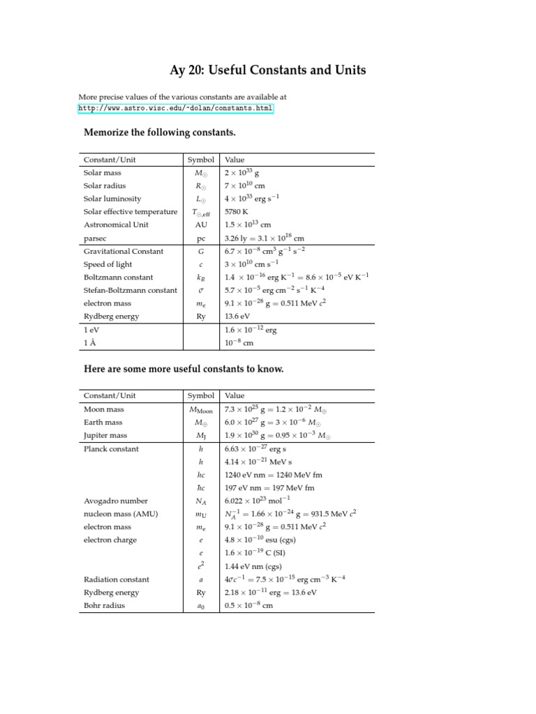 Ay 20: Useful Constants and Units: Memorize The Following Constants | PDF