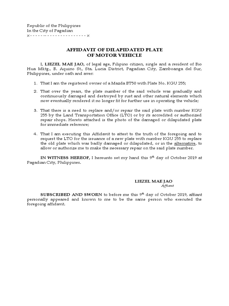 Affidavit of Dilapidated Plate Liezel | PDF