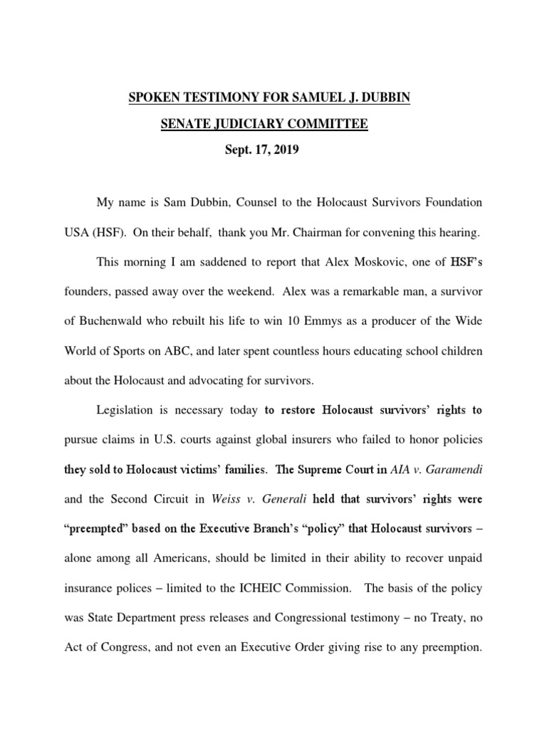 Samuel J. Dubbin Testimony Re: Holocaust Survivors' Insurance Rights ...