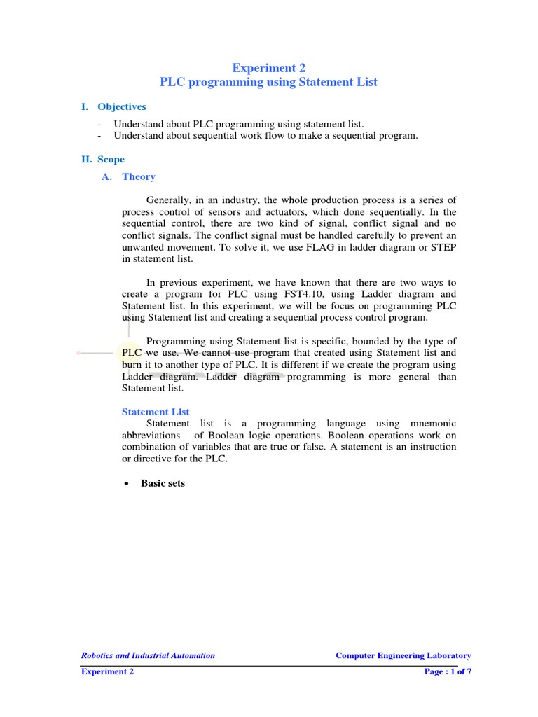 RIA Experiment 2 - PLC Statement List | PDF | Programmable Logic ...
