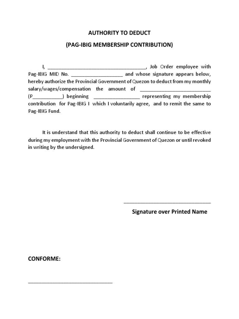 Authority To Deduct (Pag-Ibig Membership Contribution) | PDF