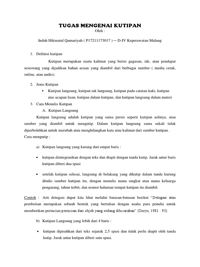 Tugas Kutipan Bahasa Indonesia | PDF