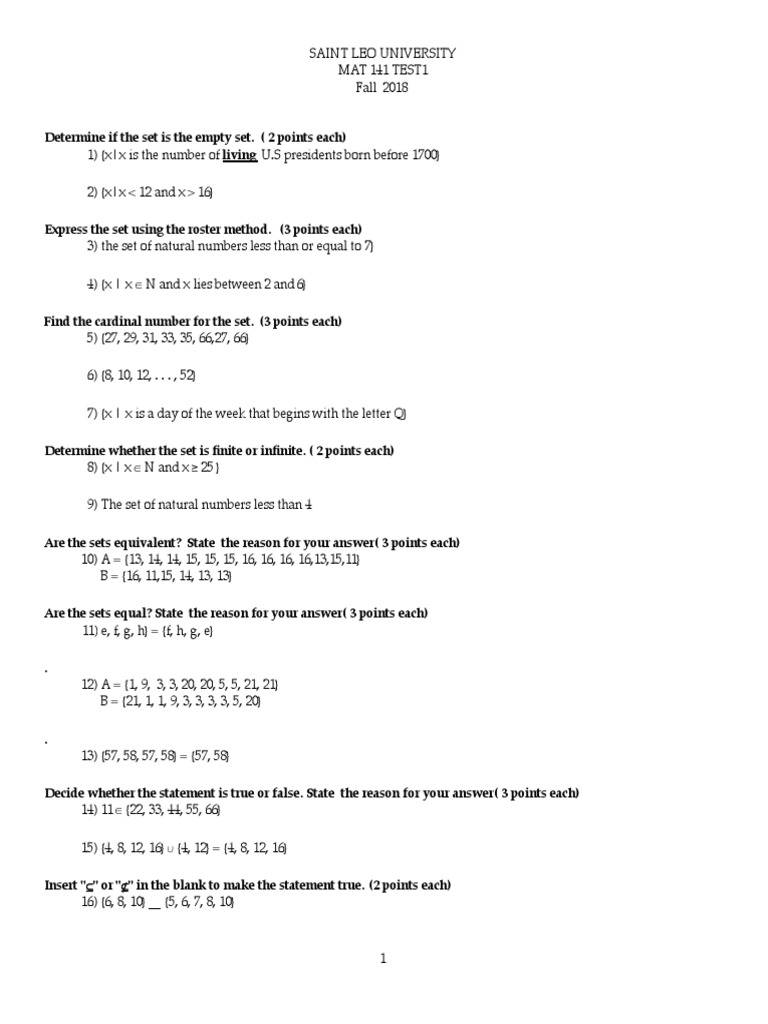 SAINT LEO UNIVERSITY MAT 141 TEST1 Venn Diagram Questions | PDF ...