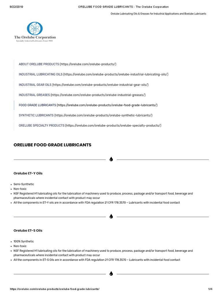 Orelube Food Grade Lubricants Overview | PDF | Lubricant | Chemical ...