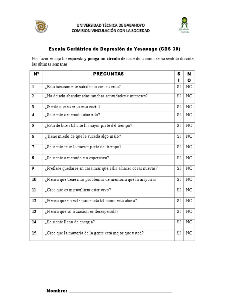 Escala Geriátrica de Depresión de Yesavage | PDF