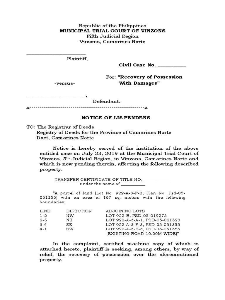 Notice of Lis Pendens | PDF | Lawsuit | Public Law