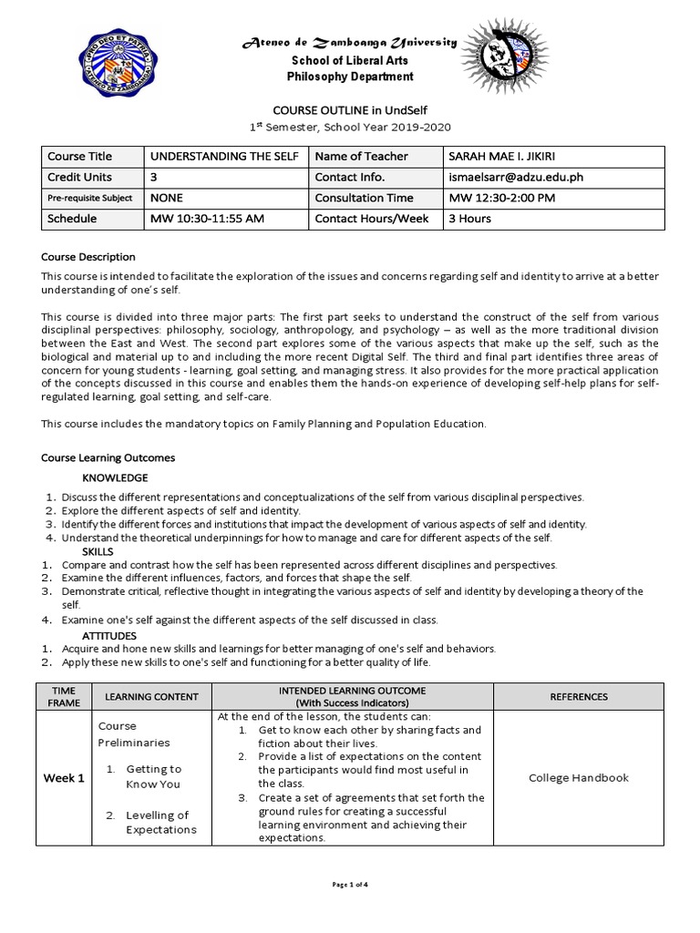 UndSelf Course Outline 2019-2020 | PDF | Self | Identity (Social Science)