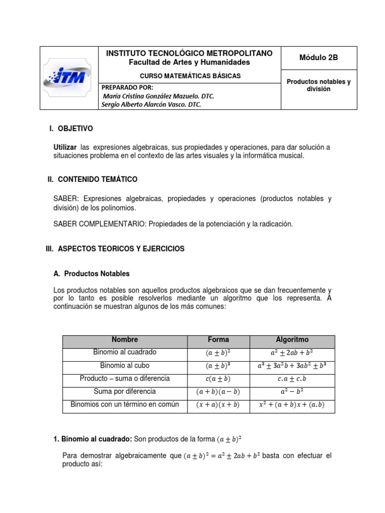 Módulo 2B. Productos Notables y División | PDF | División (Matemáticas ...