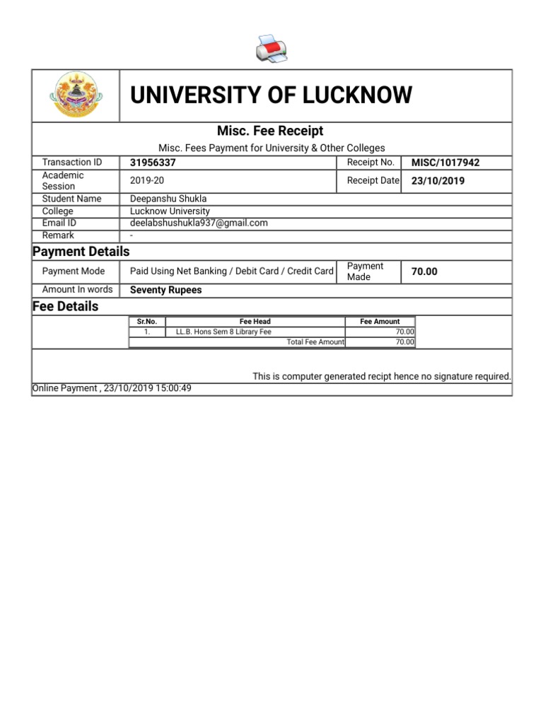 University of Lucknow: Misc. Fee Receipt | PDF