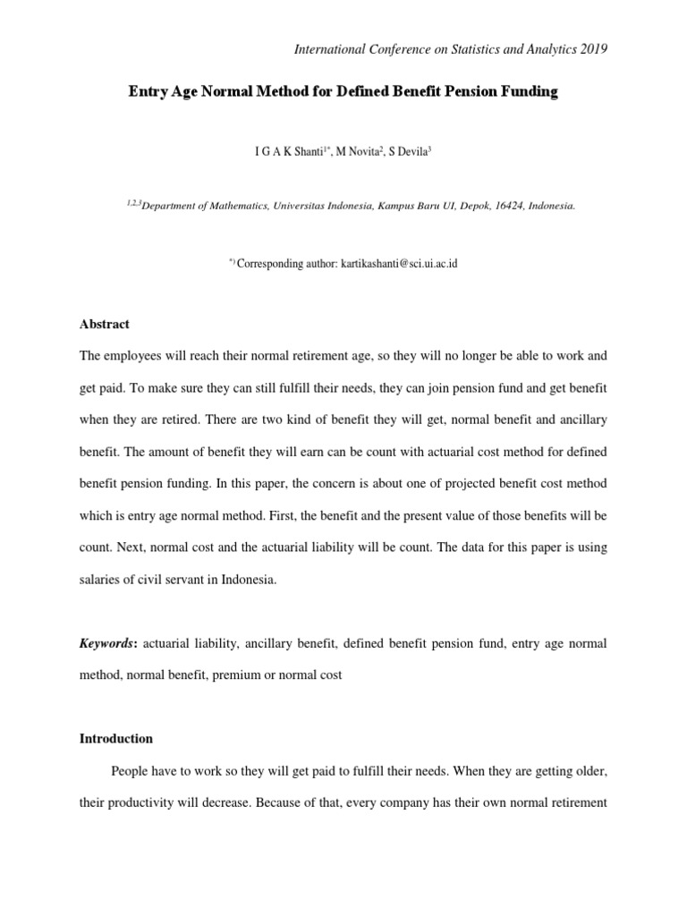 Entry Age Normal Method For Defined Benefit Pension Funding ...