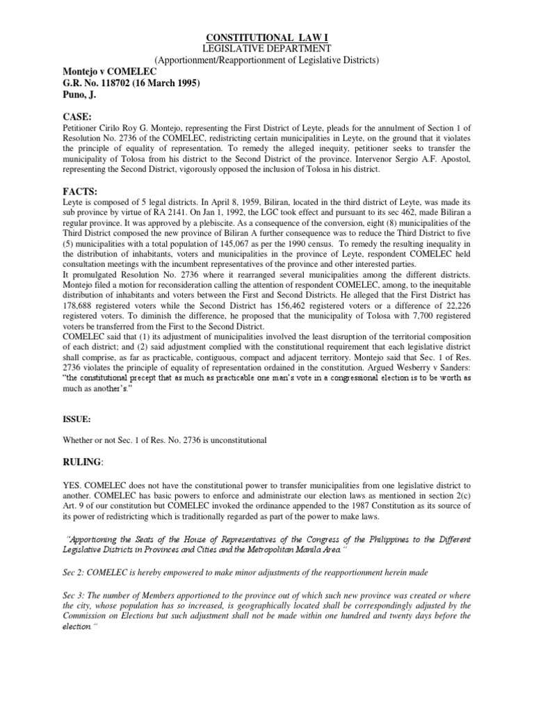(CD) Montejo V Comelec | PDF | Apportionment (Politics) | Commission On ...