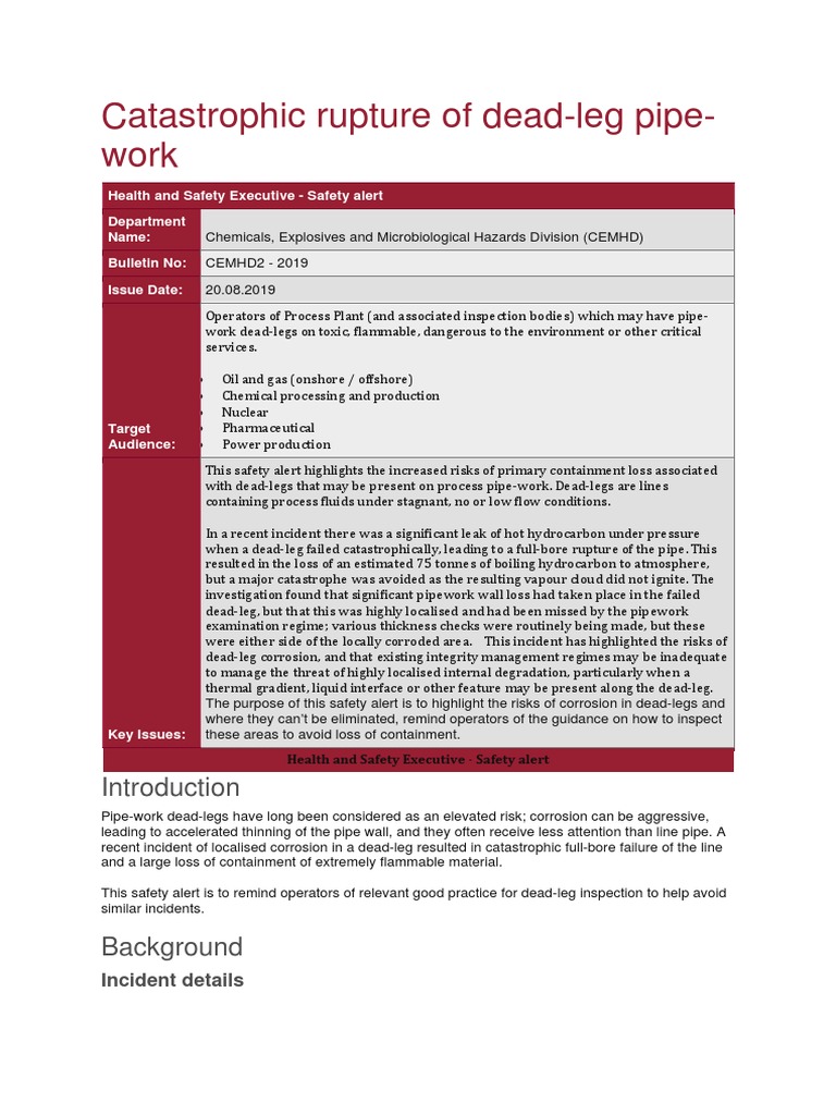 Dead Leg Rupture HSE 20190829 | PDF | Risk | Corrosion