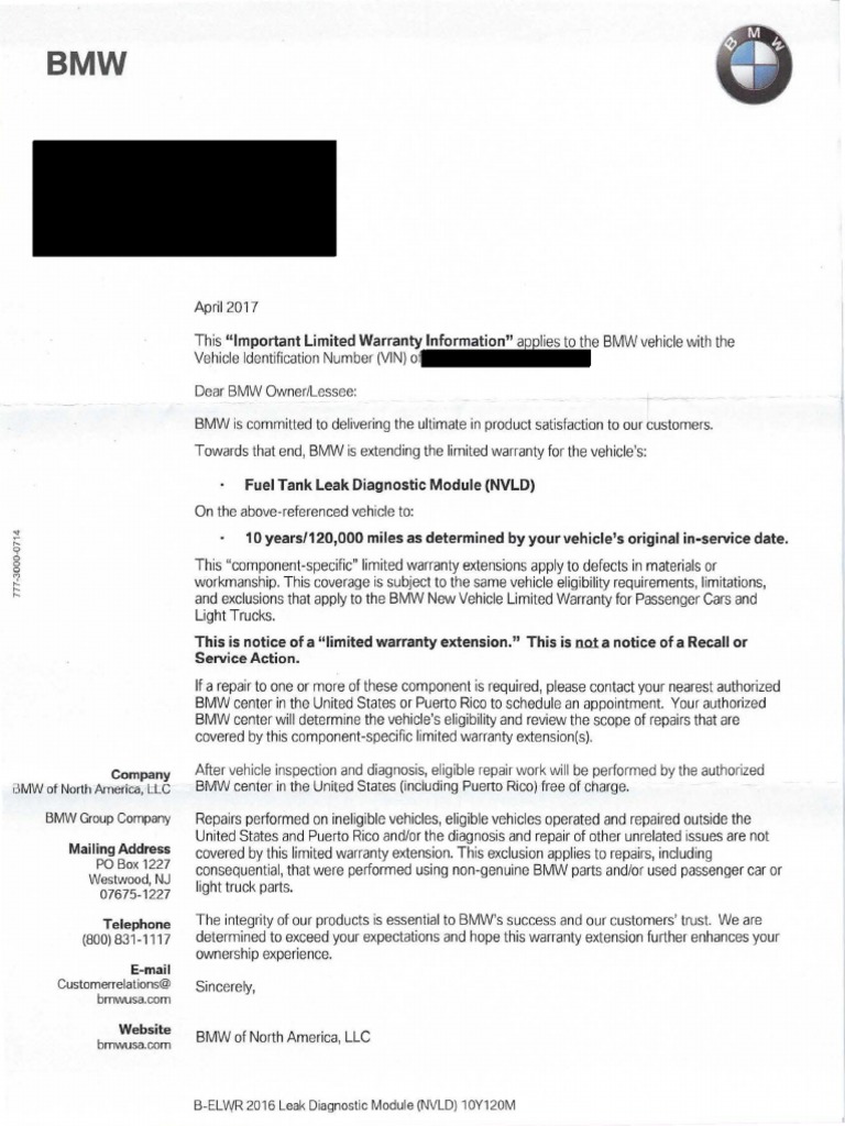 BMW Fuel Tank Leak Module Extended Warranty - Redacted | PDF | Bmw ...