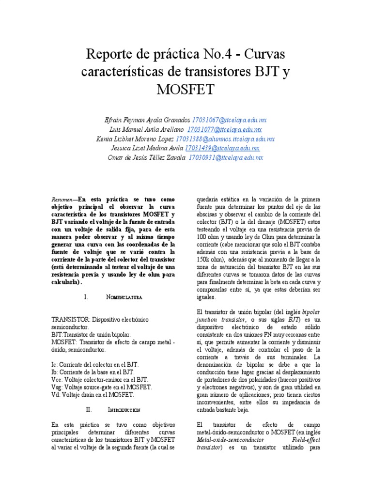EQUIPO X.reporte de Práctica 4 - Curvas Características de Transistores ...