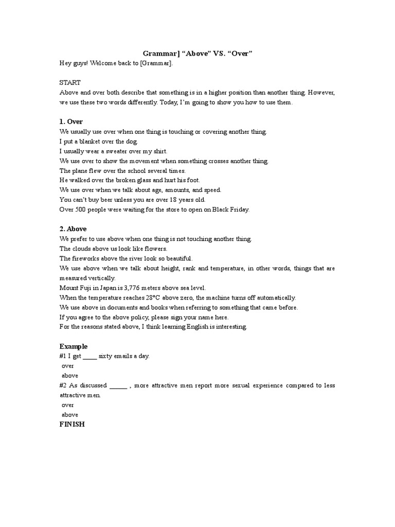 Grammar) "Above" VS. "Over" | PDF