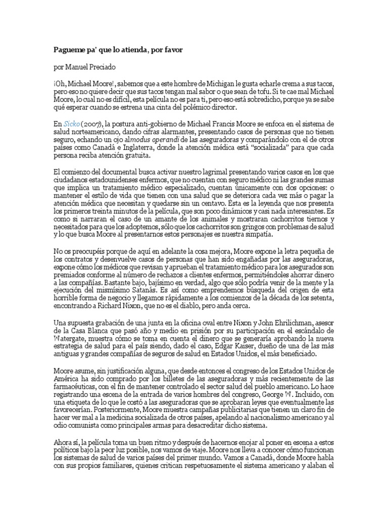 Reseña de Pelicula Sicko | PDF | Bienestar | Medicina