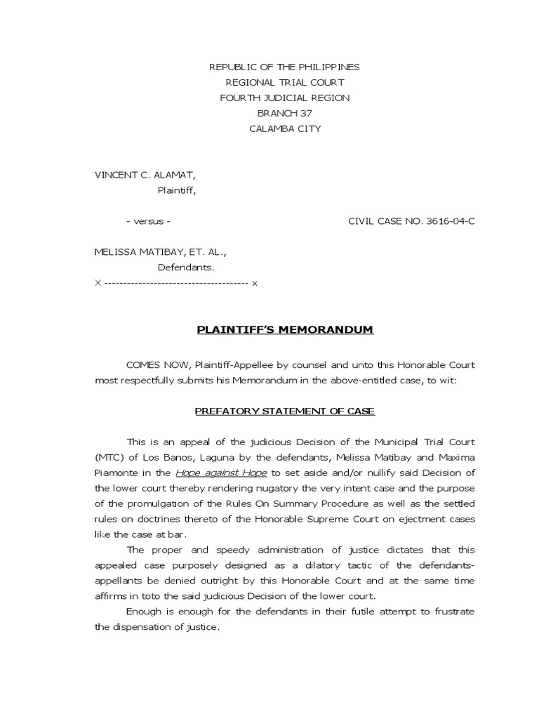 Plaintiff'S Memorandum: Prefatory Statement of Case | PDF | Estoppel ...