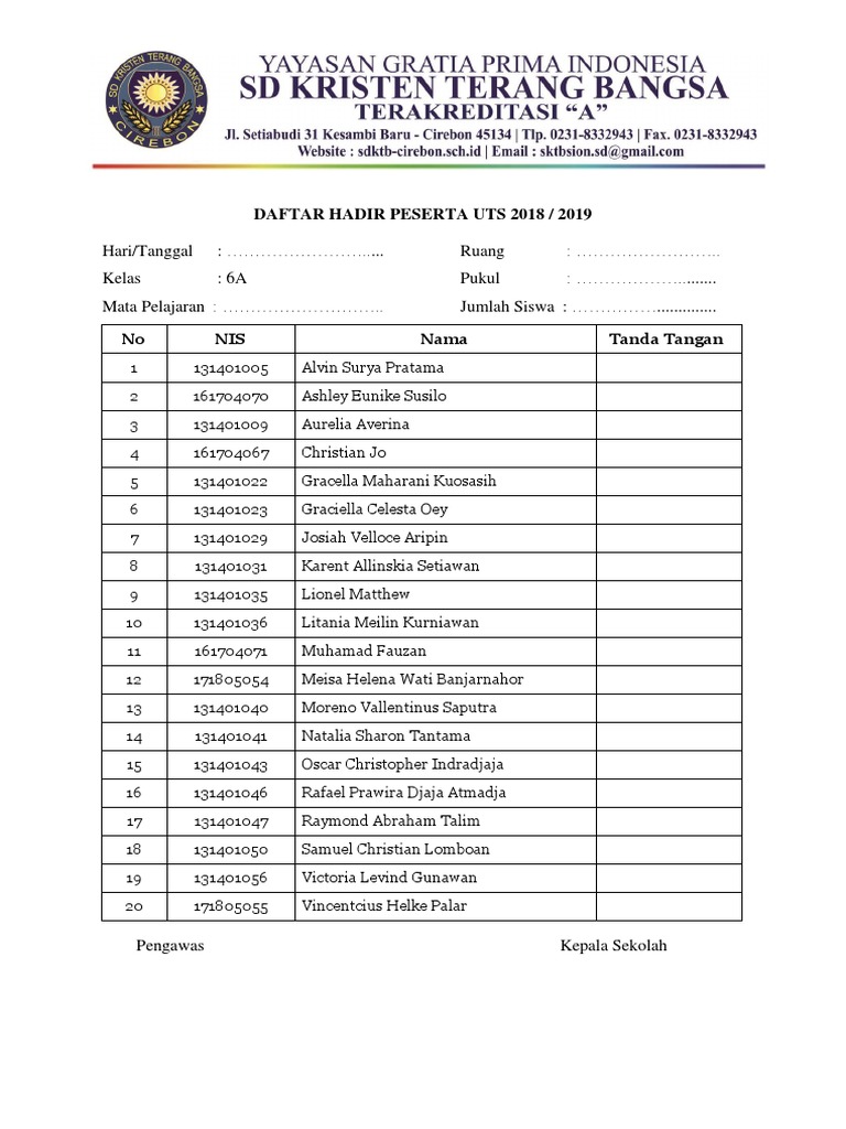 Daftar Hadir UTS Kelas 6 2018/2019 | PDF