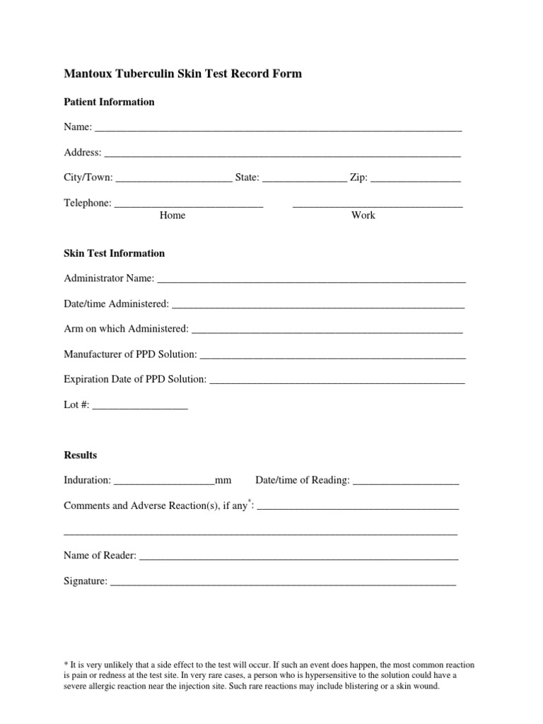 Mantoux Tuberculin Test Record Form | PDF