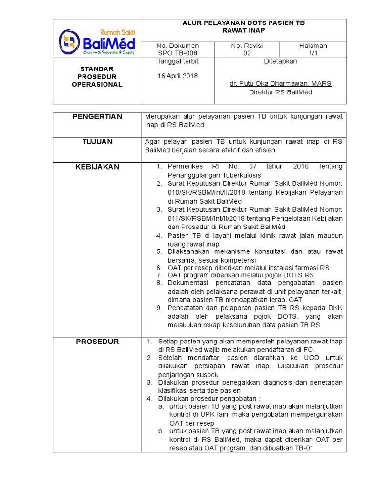 Spo Alur Pelayanan Dots Pasien TB Rawat Inap | PDF