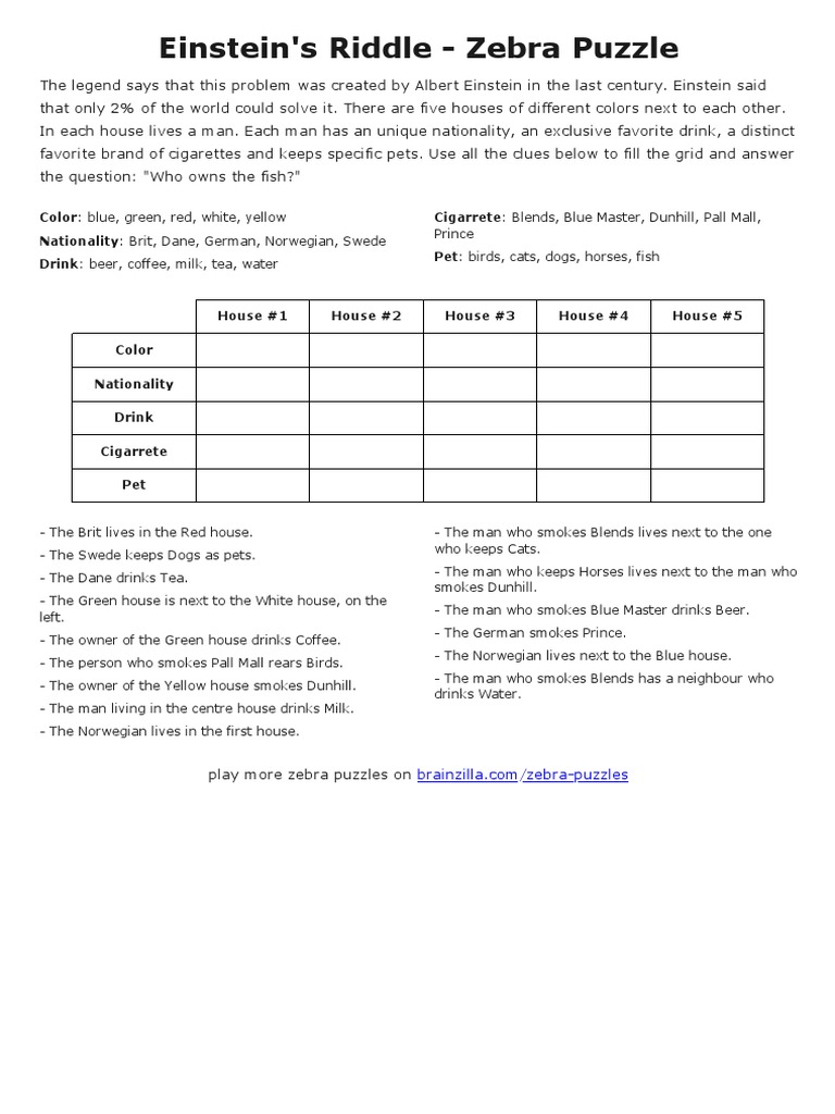 Einstein's Zebra Puzzle Challenge | PDF | Mystery, Thriller & Crime Fiction
