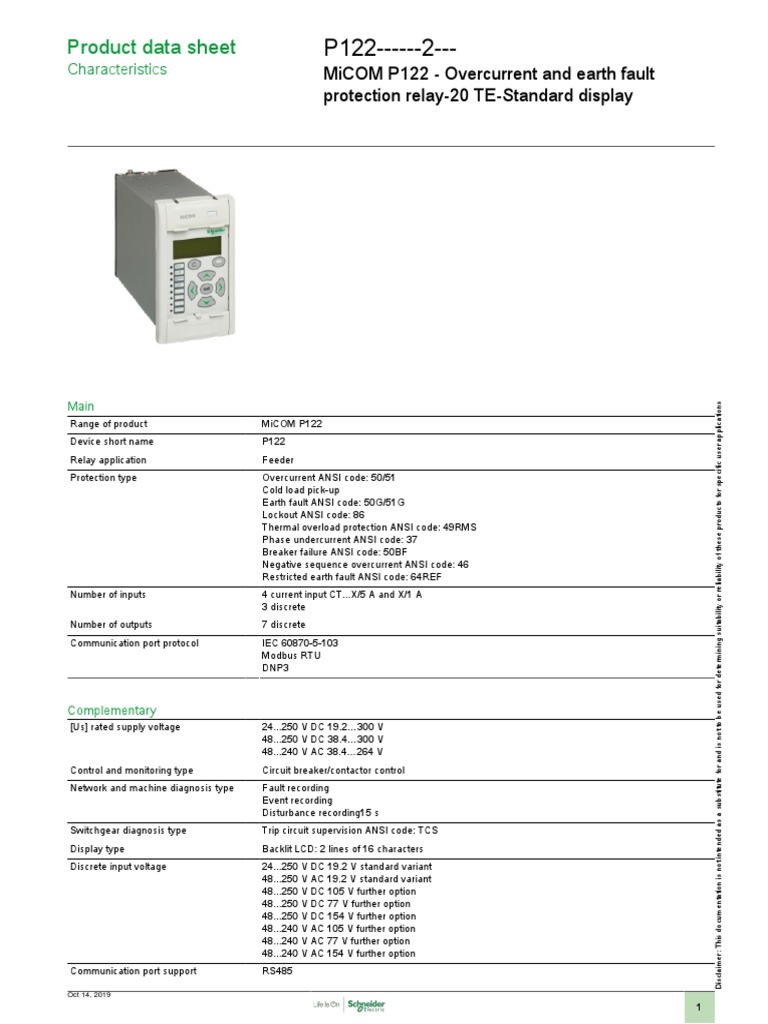 Schneider Relay Datasheet MiCOM P122 | PDF | Power Supply | Alternating ...